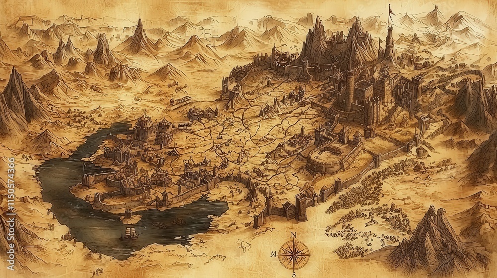 Illustrated map of a medieval city featuring a central castle, walled ...