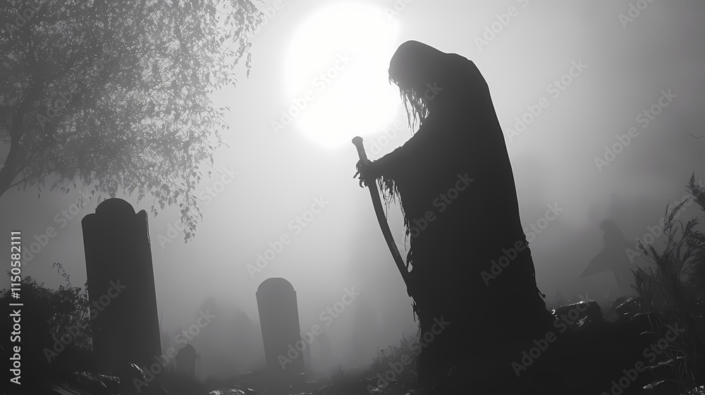Sinister reaper harvesting souls on all hallows eve in a fog shrouded ...