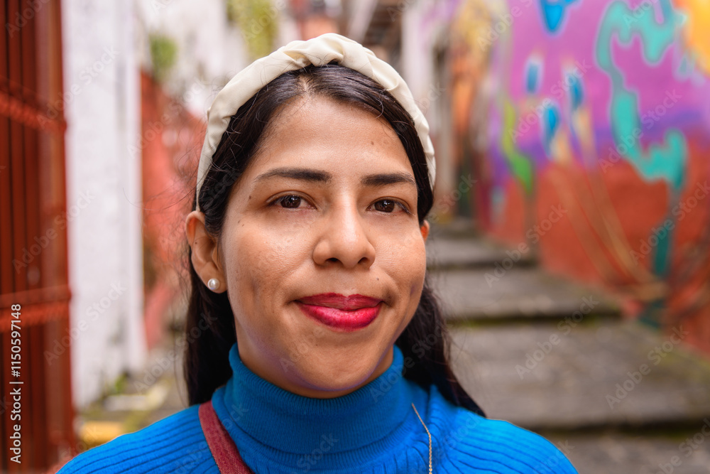 face of a calm and happy latina woman in a magical mexican village ...