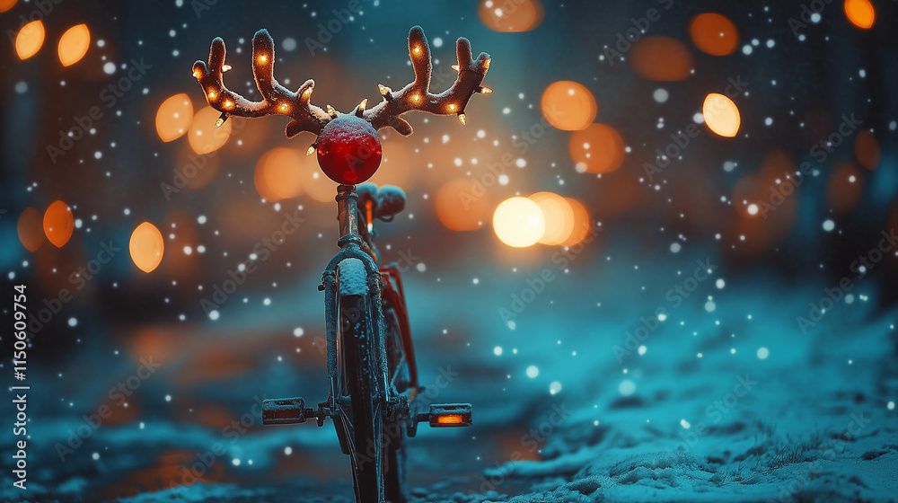 Bike decorated with reindeer antlers and a red nose, with lights ...