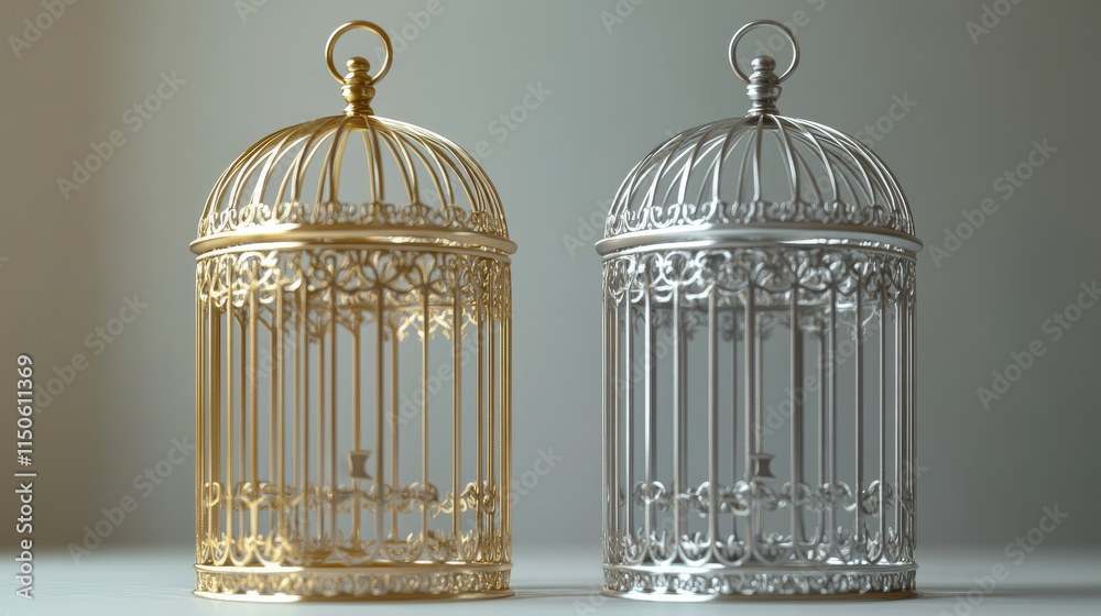 Bird cages, vintage empty birdcages of golden and silver colors, metal ...