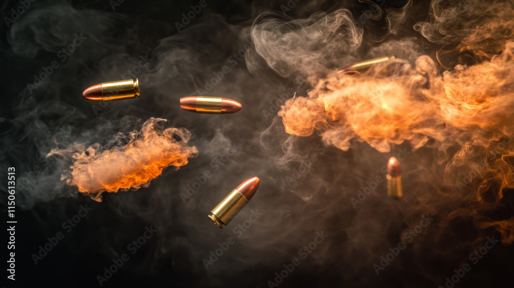 Flying bullets with fire and smoke traces. Vector realistic set of ...