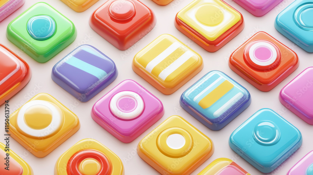 Set of candy app icons, game ui square buttons, cartoon lollipop menu interface, colorful blocks ...