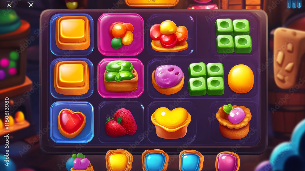 Match 3 candy game ui interface background. Vector jelly puzzle mobile ...