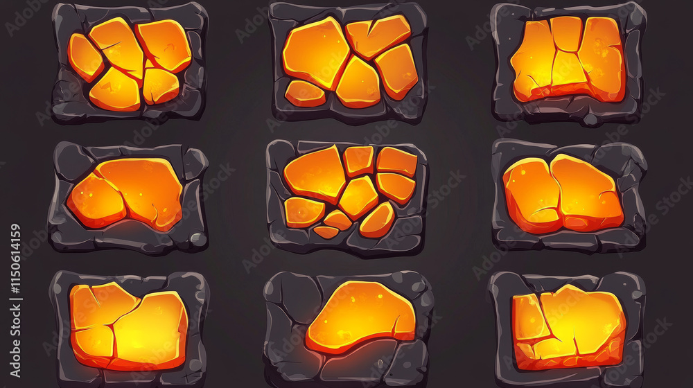 Lava game buttons animation set. Vector cartoon illustration of stone frames with orange cracks ...