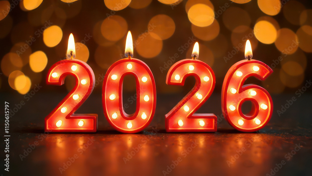 little volume letters “2026” made from burning candles over festive ...