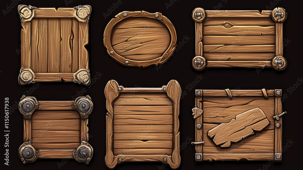 Wooden Game Ui Design Elements Buttons And Boards For Menu Interface Cartoon Vector