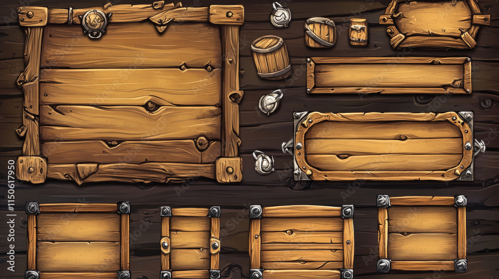 Wooden game ui design elements - buttons and boards for menu interface ...