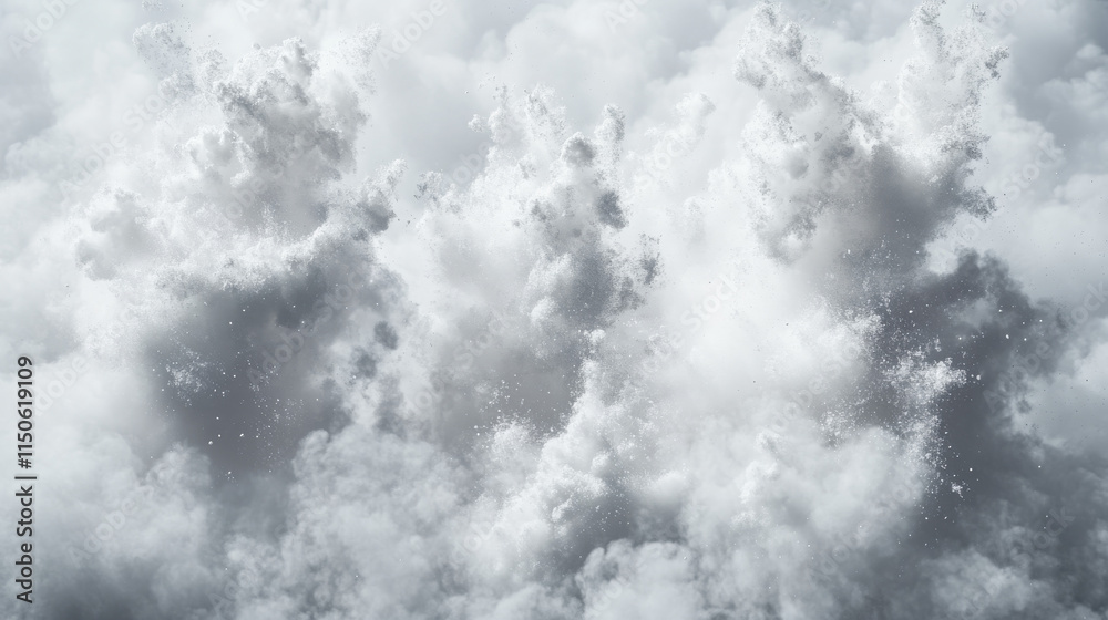 White powder explosion, snow burst with flying ice particles and ...