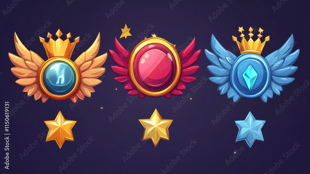 Game level icons, medals, stars, ui badges with wings, laurel and ...