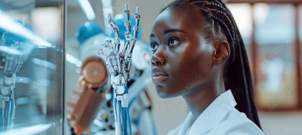 Tech repair team assembles robot components in a modern laboratory ...
