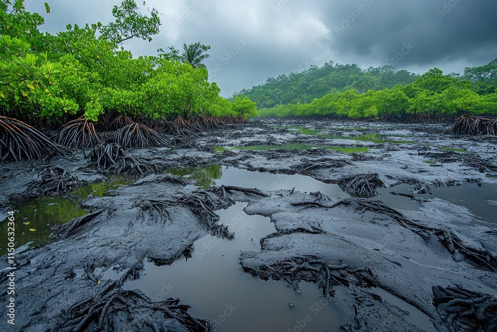 Mangroves suffer in a toxic estuary, with muddy ground and standing ...
