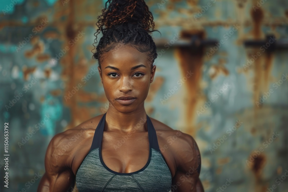 Strong female athlete posing confidently in an urban environment ...