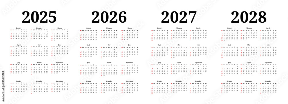 Set of calendars for 2025, 2026, 2027 and 2028 on a white background ...