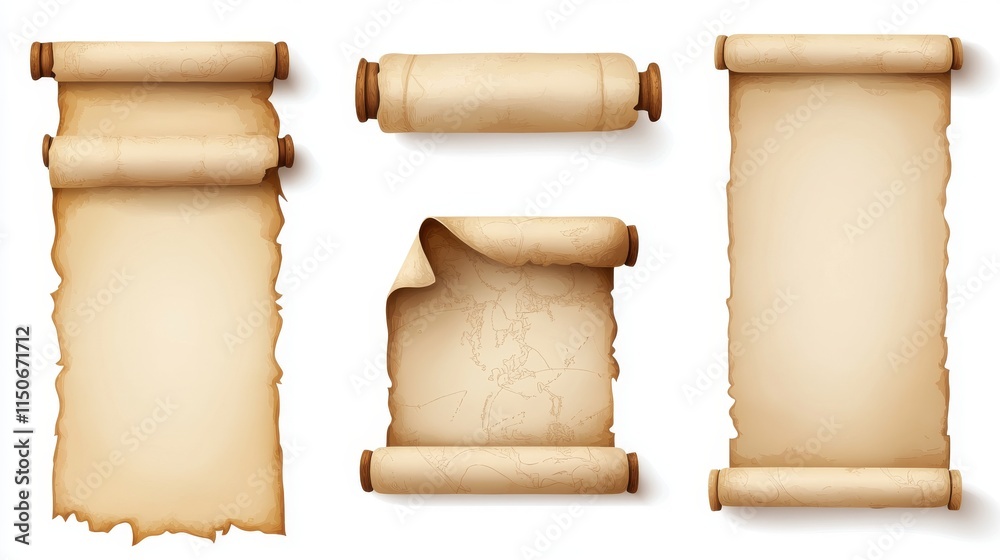 Cartoon parchment rolls, blank scrolls and paper banners, open and convolute antique manuscript ...