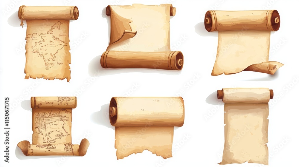 Cartoon parchment rolls, blank scrolls and paper banners, open and convolute antique manuscript ...