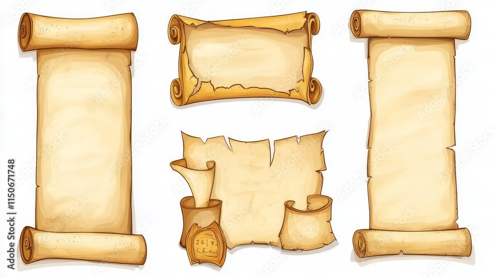 Cartoon parchment rolls, blank scrolls and paper banners, open and convolute antique manuscript ...