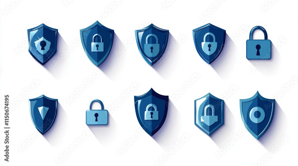Realistic set of blue security shield icons isolated on transparent ...