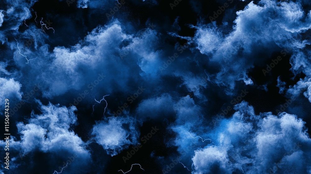 Cartoon set of smoke clouds with neon blue lightning effect isolated on ...
