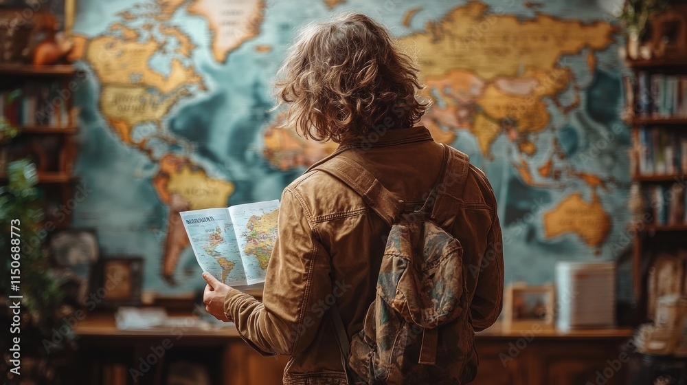 Person looking at world map, holding a map book. Back view of a ...