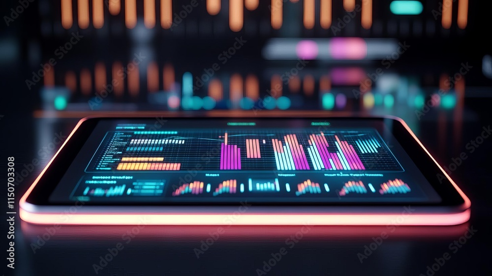 Digital KPIs displayed on a glowing tablet, showing steady progress, digital growth chart ...