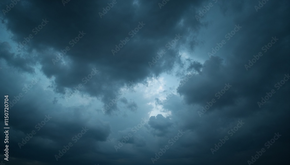 Dramatic dark storm clouds with a faint glow breaking through, creating ...