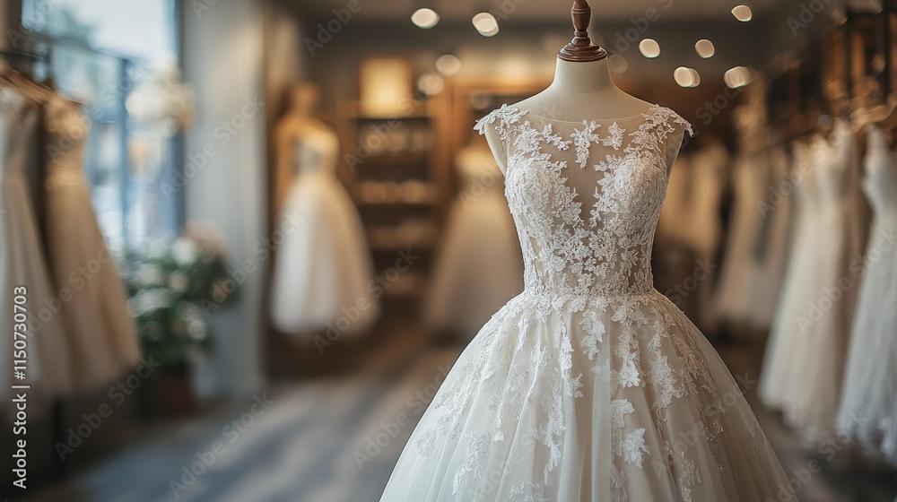 Bridal gown display in a boutique setting with intricate lace detailing ...
