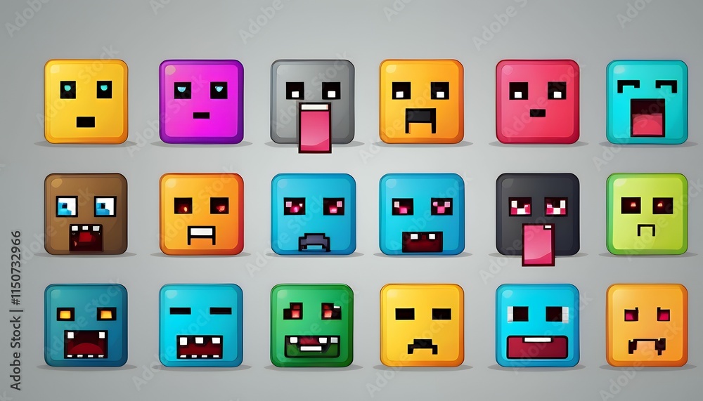 Cartoon set of cute square emoji with different emotions. Illustration ...