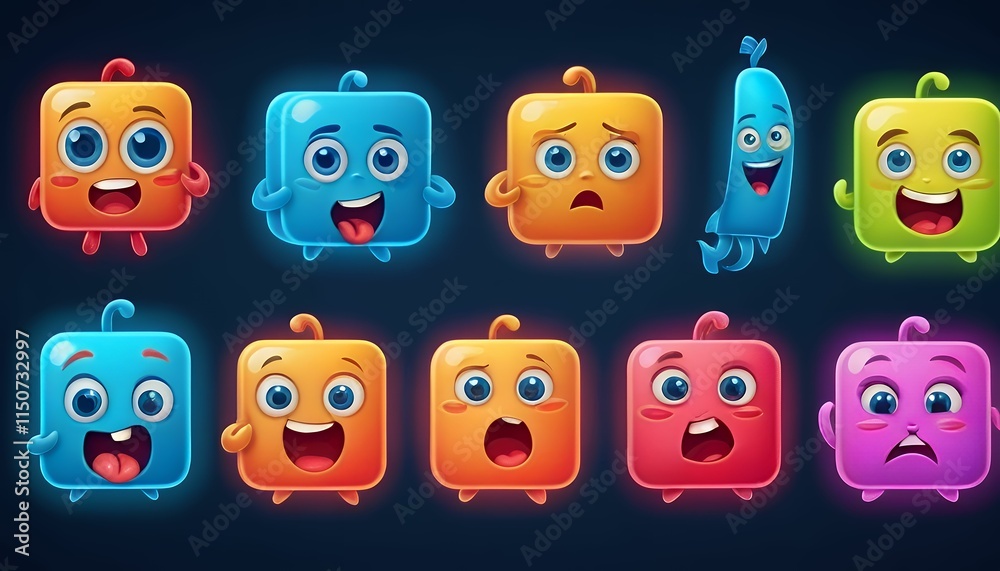 Cartoon set of cute square emoji with different emotions. Illustration ...