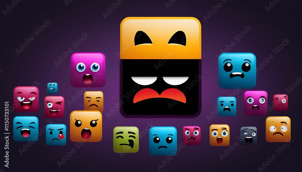 Cartoon set of cute square emoji with different emotions. Illustration ...