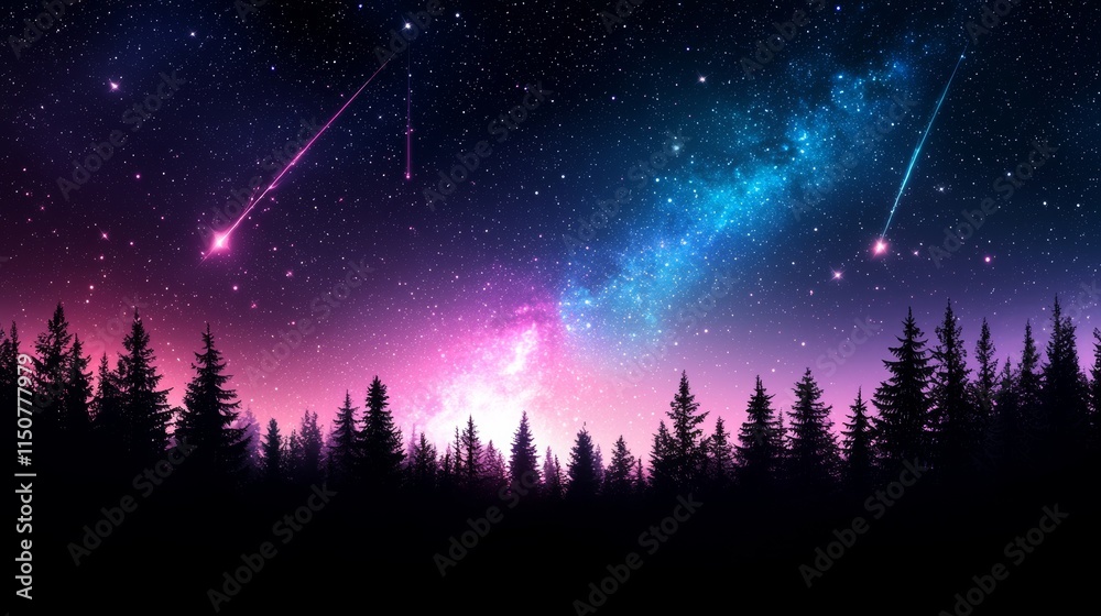 Starry twilight background with animated animals gazing at shooting ...