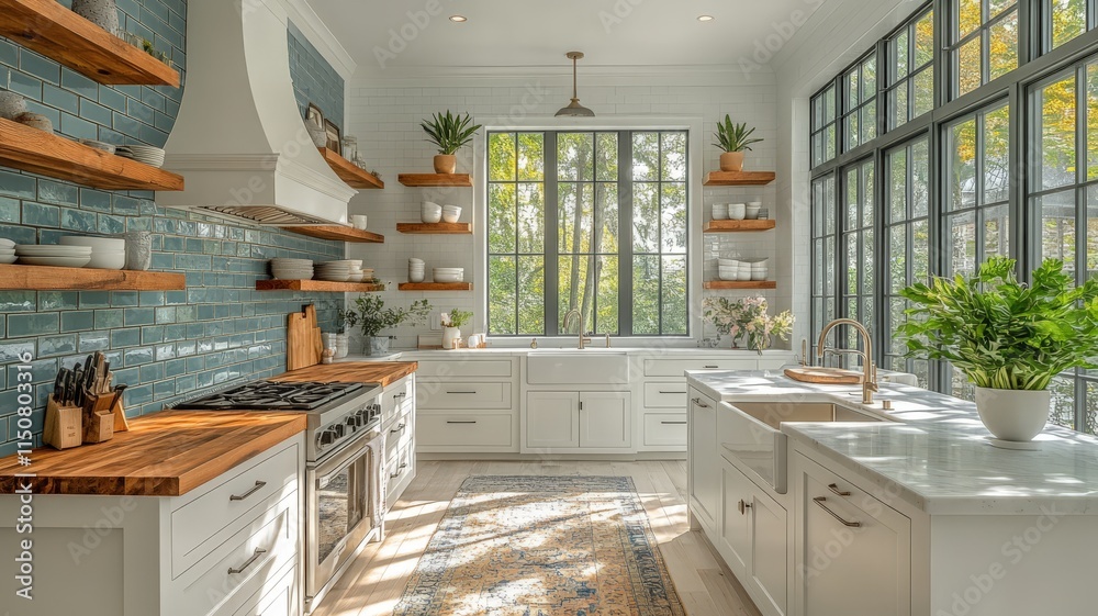 modern coastal style kitchen with open shelving and a glossy light blue ...