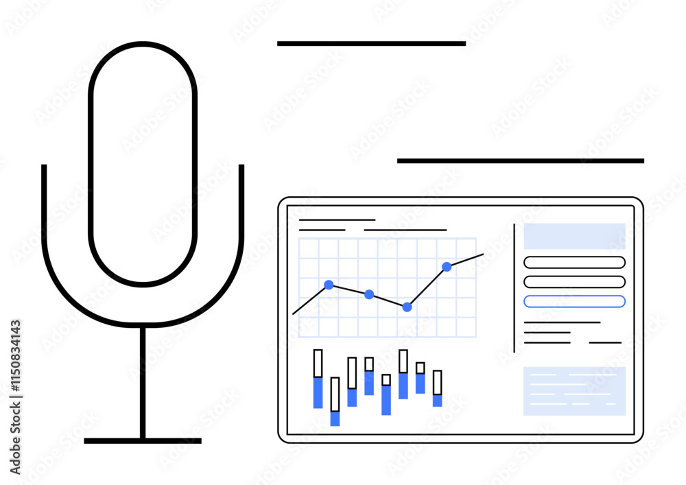 Microphone and digital analytics dashboard with charts, graphs, and ...