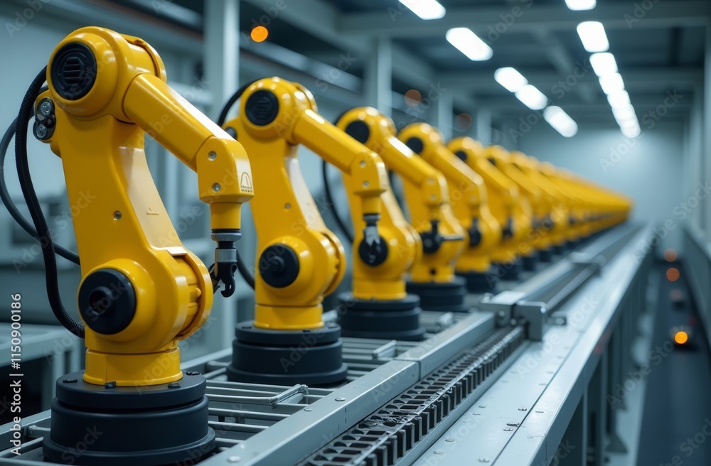 A series of yellow robotic arms is aligned along a modern assembly line in a manufacturing ...