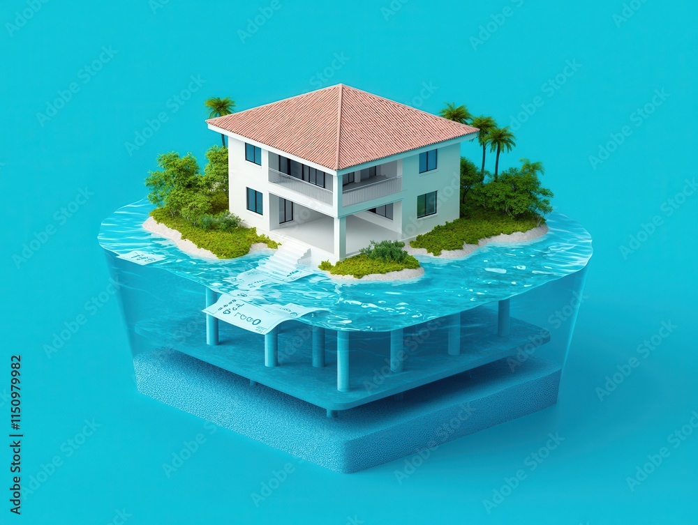 Home loan amortization concept. Sustainable floating house design ...