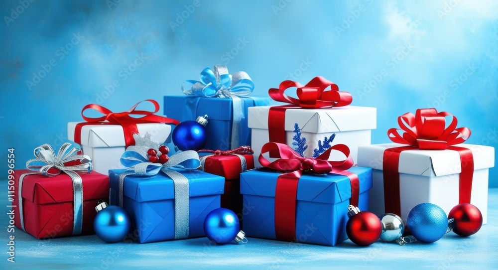 Christmas gifts, wrapped presents, blue and red color scheme, festive ...