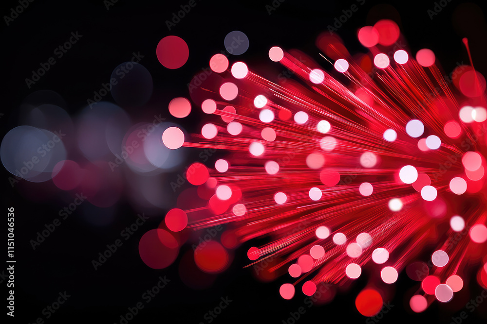 A vibrant display of red light beams radiating against a dark background, creating a dynamic and ...
