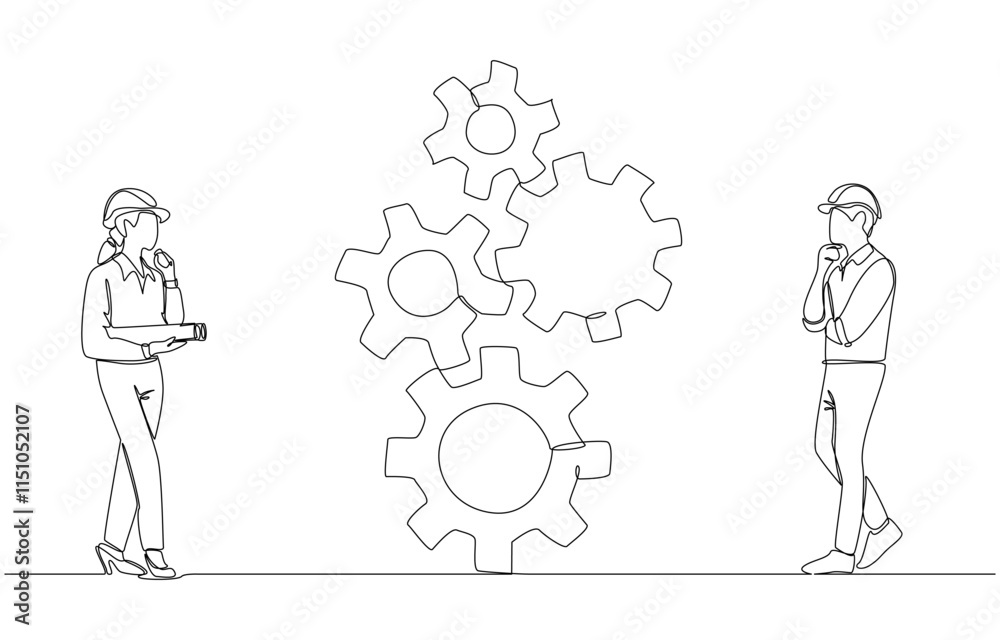 Continuous one line drawing of two young engineers looking at gear ...
