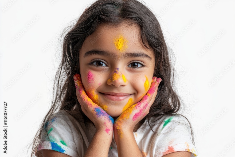 Young smart indian girl face coloured with gulal and hand full of color ...
