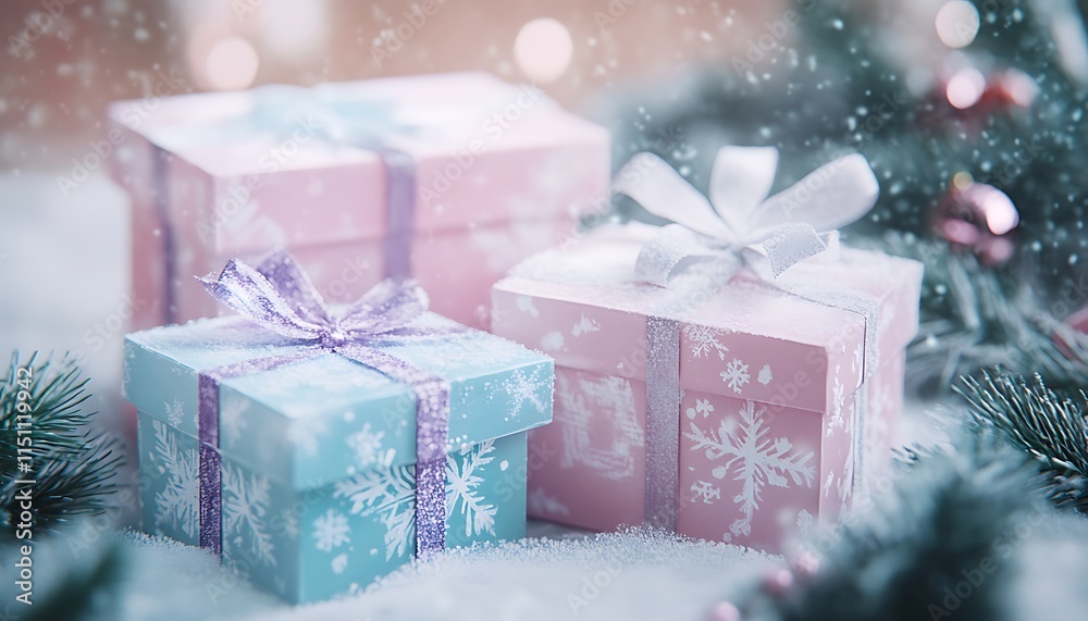 Frozen New Year gift boxes painted with delicate pastel hues and snow ...
