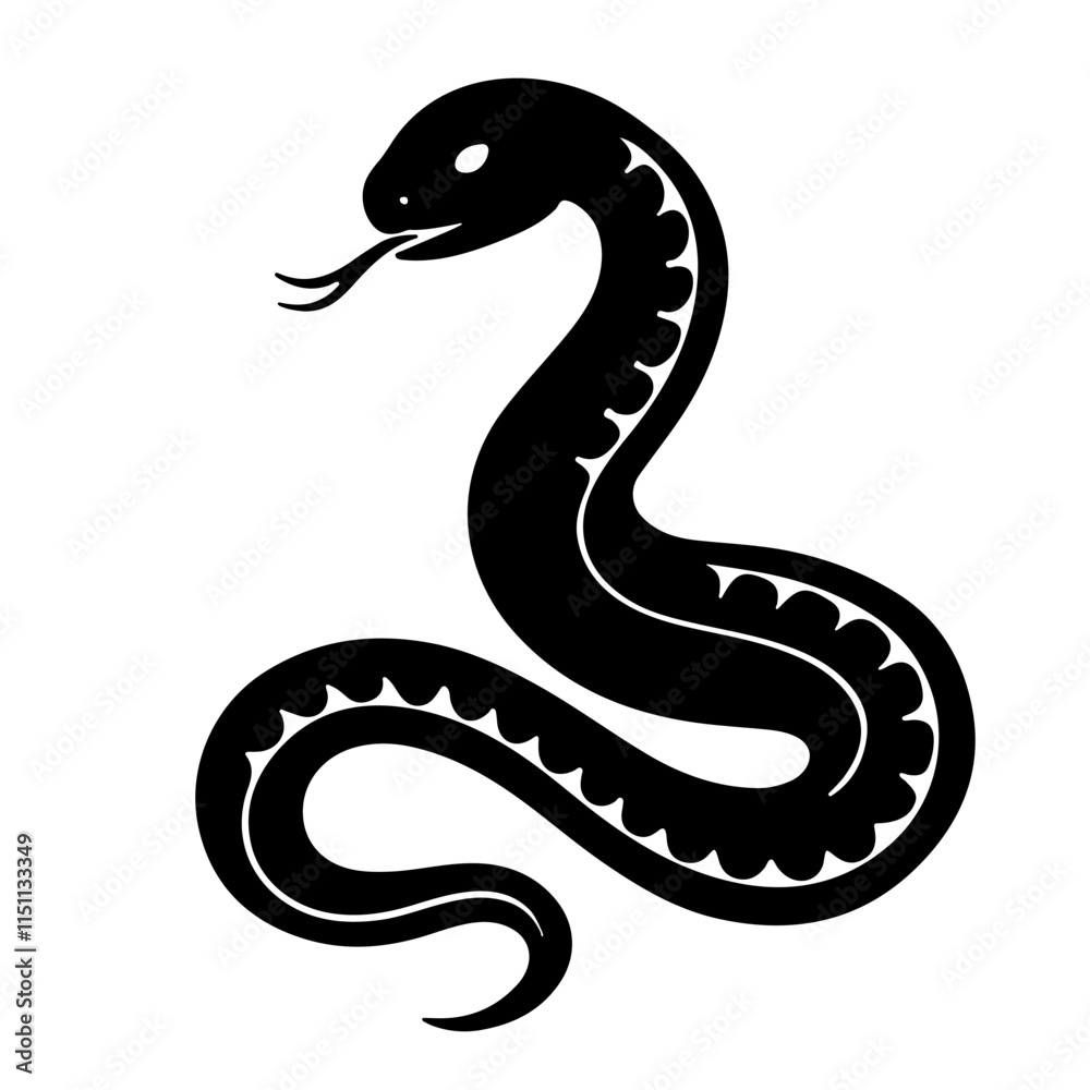 Snake black silhouette. Minimalist vector design of a coiled snake with a forked tongue. Perfect ...