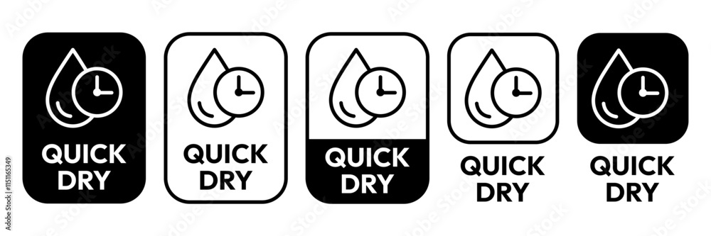 Quick dry icon set. Quick and fast clock dry wet clothes symbol. Quick ...