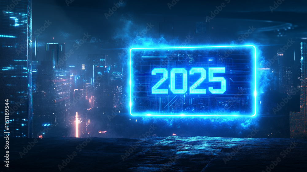 Neon Blue '2025' Text on Sci-Fi Futuristic Game UI Frame for Modern and ...