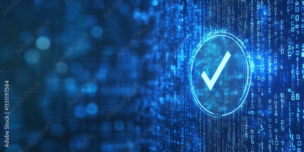 Digital technology background with a checkmark icon in a circle and binary code, in a blue color ...