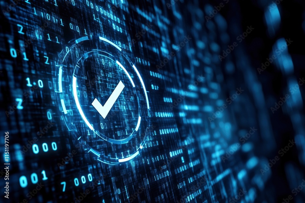 Digital technology background with a checkmark icon in a circle and binary code, in a blue color ...