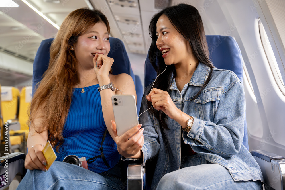 Two happy Asian girls are traveling together. They chat happily and ...