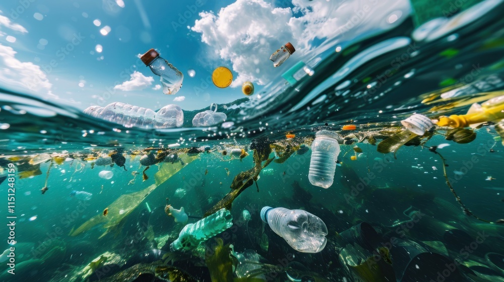 Underwater scene showing plastic pollution with bottles and debris in a ...