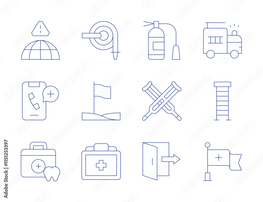Emergency icons. Thin Line style, editable stroke. fire hose, fire ...