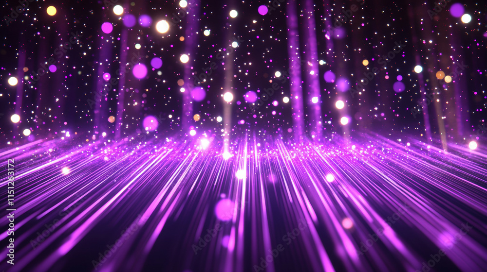 purple abstract background with glowing particles and light streaks creating sense of depth and ...