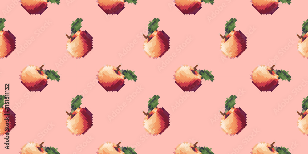 Peach pixel art seamless pattern fruit. Vector illustration. Game ...